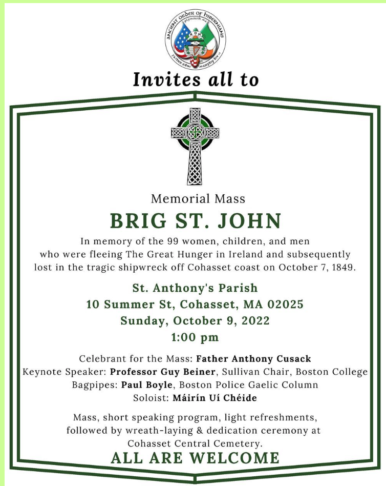 Brig St John memorial mass Sunday 10/9 in Cohasset | Boston Irish